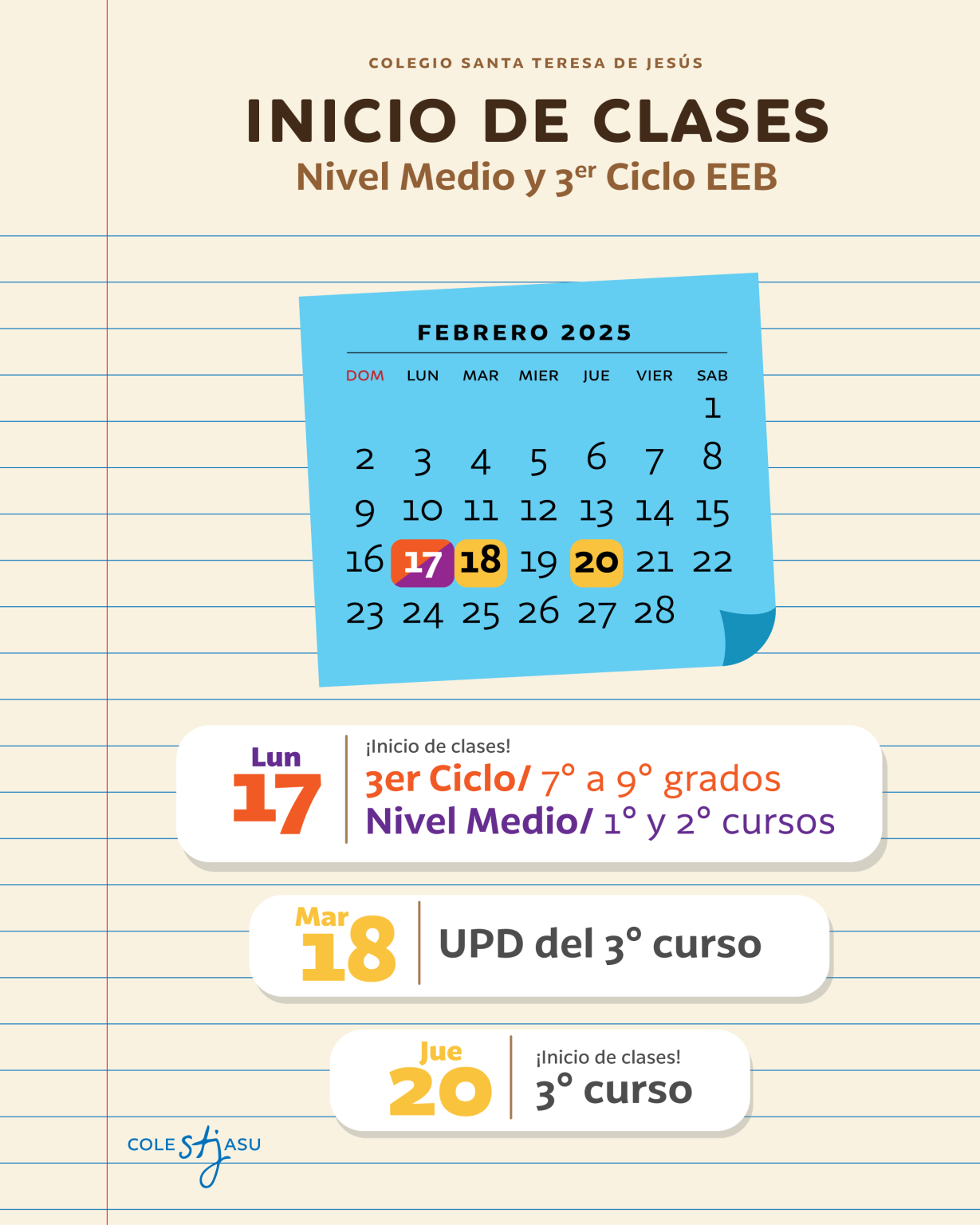 Fechas de Inicio de Clases 2025 - Colegio Santa Teresa de Jesús